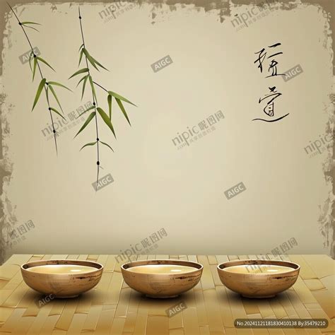 Ai创作图茶道无框画 茶道装饰画 禅意餐厅背景 手绘竹茶古典插画 养生馆背景 茶室背景 瑜伽足道茶道传统元素 禅意竹叶背景 中式竹子背景 茶之