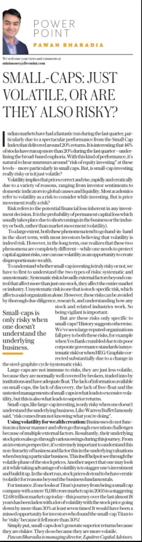 Pawan Bharadia On Linkedin Contributed An Article In Todays Live Mint On Small Cap Investing