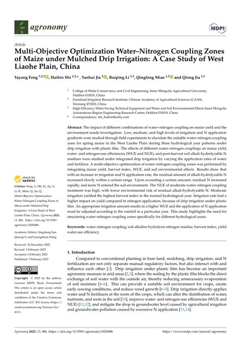 PDF Multi Objective Optimization WaterNitrogen Coupling Zones Of Maize Under Mulched Drip