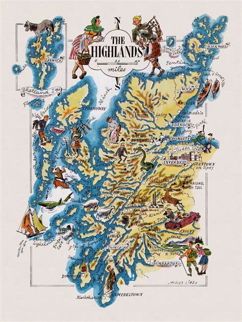 Map Of The Scottish Highlands Pictorial Print Lerwick Kirkwall
