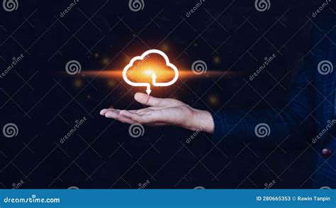 Businessman Holding And Giving Virtual Cloud Icon Computing With Copy Space To Transfer Data