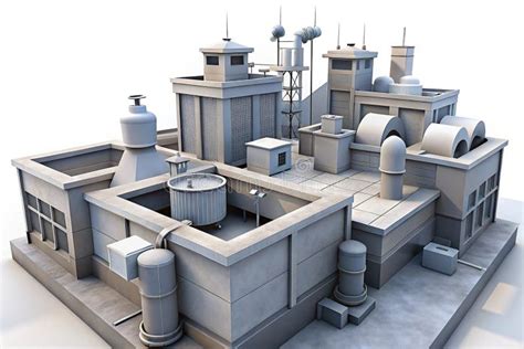 3d Foggy Urban Rooftop View With Antennas And Hvac Units Barely