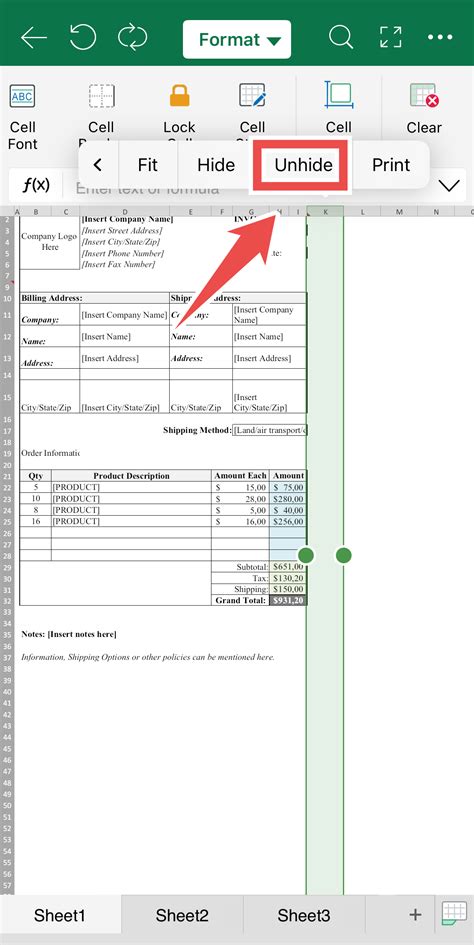 hide or unhide rows or columns in mobisheets mobisystems