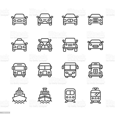 교통 선 아이콘입니다 편집 가능한 스트로크입니다 픽셀 완벽한 모바일 및 웹용 교통 자동차 차량 기차 크루즈 선박 버스 배달 물류 와 같은 아이콘이 포함되어 있습니다 아이콘에