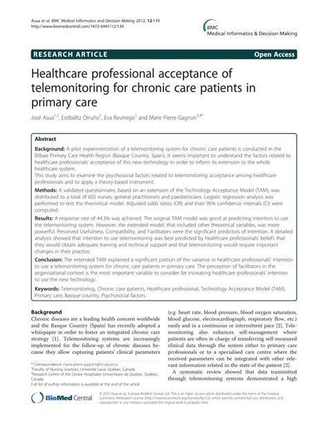 Pdf Healthcare Professional Acceptance Of Telemonitoring For Chronic Care Patients In Primary Care