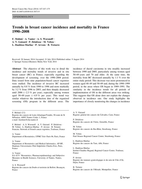 Pdf Trends In Breast Cancer Incidence And Mortality In France 1990 2008