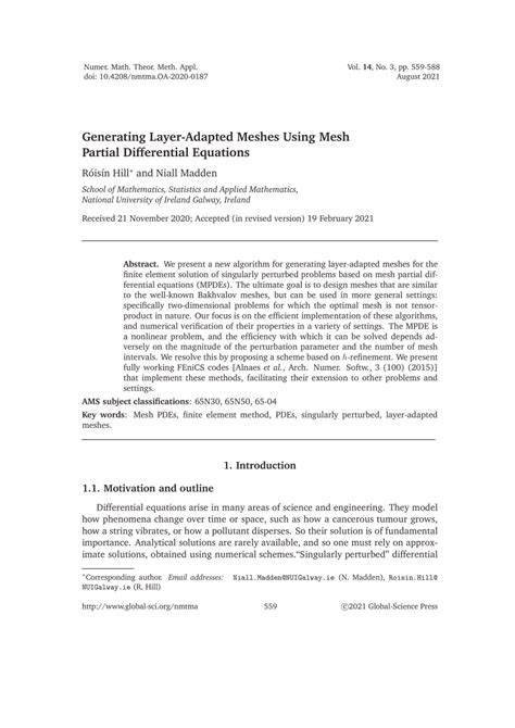 Global Science Press Generating Layer Adapted Meshes Using Mesh Partial Differential Equations