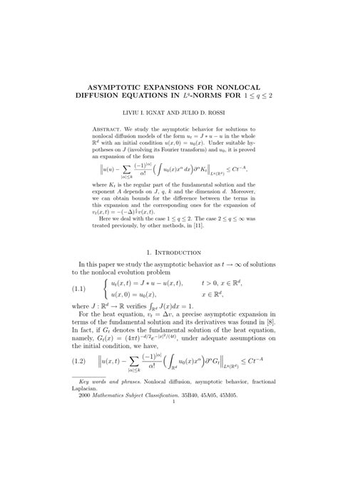 Pdf Asymptotic Expansions For Nonlocal Diffusion Equations In L Q Norms For 1 ⩽ Q ⩽ 2