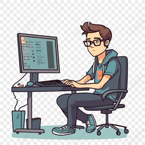 안경 만화에 그의 컴퓨터 뒤에 앉아 프로그래머 클립 아트 개발자 벡터 Png 일러스트 무료 다운로드 Lovepik