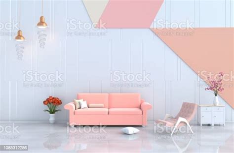 주황색 소파 흰색 나무 벽 팔의 자 난초 램프 화이트 파스텔 거실 장식 튤립 베개 타일 크리스마스의 하루입니다 새 해와 행복 한 방 3d 렌더링입니다 가구에 대한 스톡 사진