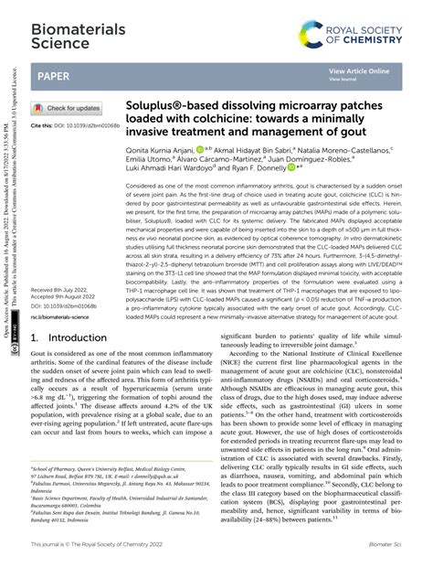 Pdf Soluplus® Based Dissolving Microarray Patches Loaded With Colchicine Towards A Minimally