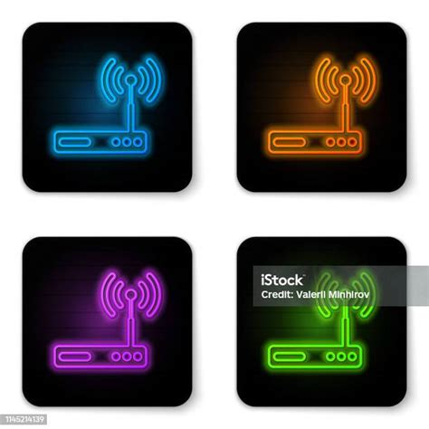 빛나는 네온 라우터와 와이파이 신호 기호 아이콘 흰색 배경에 고립 무선 이더넷 모뎀 라우터 컴퓨터 기술 인터넷 검은색 사각형