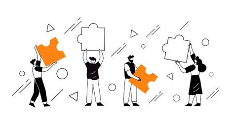 비즈니스 팀을 구축 공동 팀워크의 개념 작업 문자의 벡터 그림 퍼즐의 조각을 연결하는 사람들 개념에 대한 스톡 벡터 아트 및