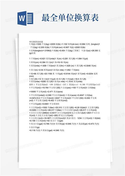 最全单位换算表word模板下载 编号qdbwmbye 熊猫办公
