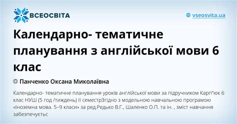 Календарно тематичне планування з англійської мови 6 клас КТП Англійська мова