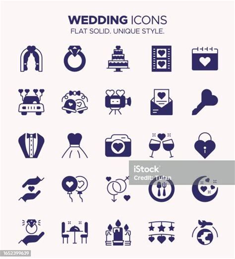 웨딩 아이콘 세트 솔리드 스타일 신부와 신랑 결혼 의식 반지 사랑 축하 기호 Boquete Chiriquí에 대한 스톡 벡터