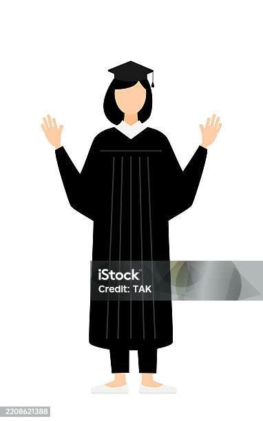 졸업식 가운과 사각형 모자를 쓴 아시아 여성 졸업생이 놀라서 손을 드는 간단한 그림 경외감에 대한 스톡 벡터 아트 및 기타 이미지 경외감 공부 교습 Istock