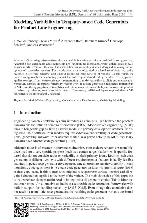 Pdf Modeling Variability In Template Based Code Generators For