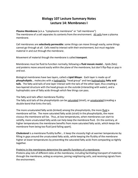 Lect 14 Summary Notes Sp 23 Biology 107 Lecture Summary Notes Lecture 14 Membranes I Plasma