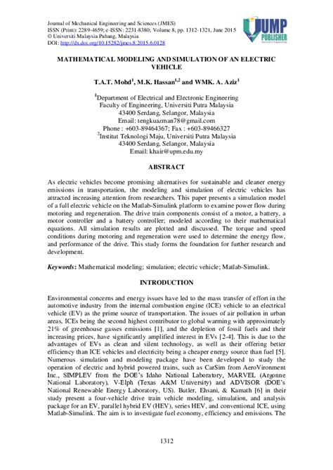 Pdf Mathematical Modeling And Simulation Of An Electric Vehicle