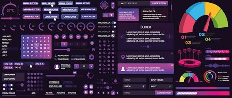 모바일 앱 및 웹 사이트의 Ui 구성 요소 집합 버튼 패널 메뉴 슬라이더 및 차트를 포함합니다 프리미엄 벡터