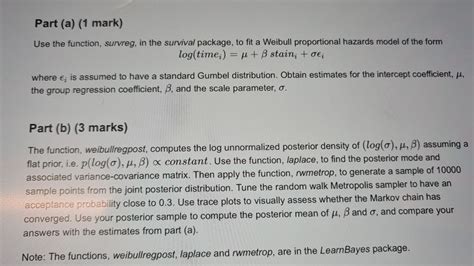 Part A Mark Use The Function Survreg In The Chegg