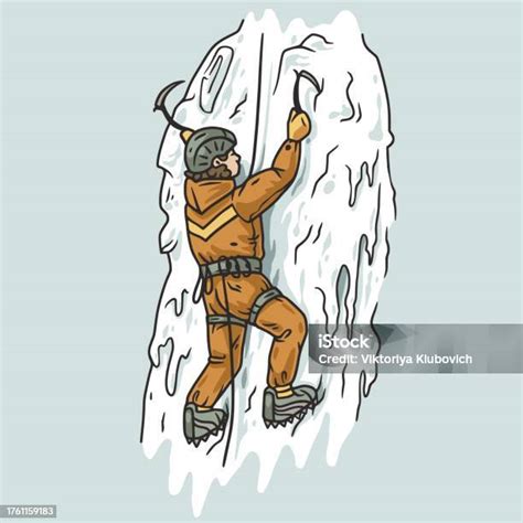 겨울 스포츠 장비를 입고 빙벽을 오르는 사람 얼어붙은 벽을 오르는 결단력 있는 등반가와 함께하는 스릴 넘치는 빙벽 등반 모험