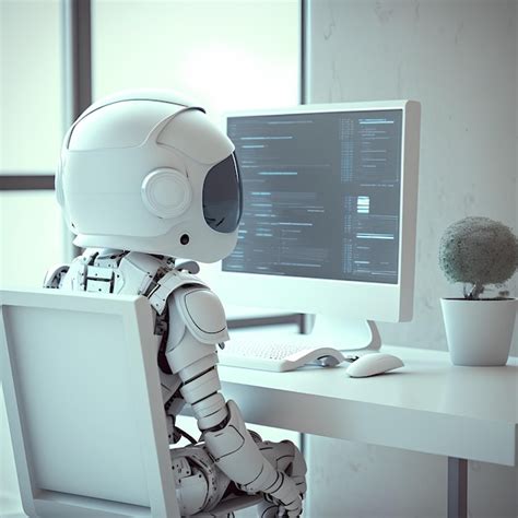 Premium Ai Image A White Ai Robot Assistant Mascot Working In Front Of A Computer Screen
