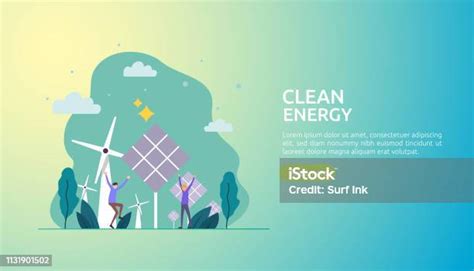 녹색 청정 에너지 원 재생 가능한 전기 태양 전지 패널과 풍력 터빈 사람 캐릭터와 환경 개념입니다 웹 랜딩 페이지 템플릿 배너