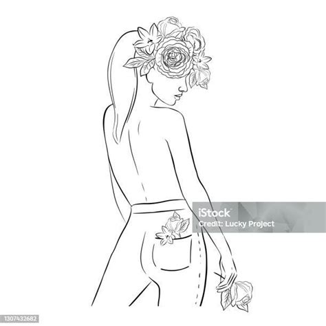 한 줄로 그려진 꽃을 들고 뒤에서 아름다운 소녀가 서 있다 유행 여성스러움의 벡터 일러스트 단일 이미지에 대한 스톡 벡터 아트 및 기타 이미지 Istock