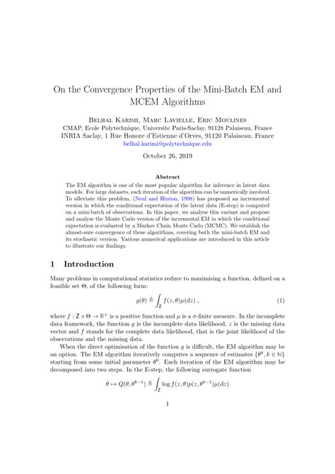 Pdf On The Convergence Properties Of The Mini Batch Em And Mcem