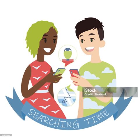 전화와 커플 벡터 일러스트 레이 션의 다문화 쌍 흰색 바탕에 평면 만화 스타일에 자신의 손에 스마트 폰과 서로를 보고 유럽 소년과 아프리카 소녀 경로 검색 남성에 대한 스톡