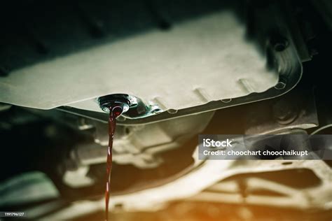 자동 변속기의 오일 변속기 호스를 통해 오일을 채웁니다 자동차 정비 소 레드 기어 오일 차에 대한 스톡 사진 및 기타 이미지