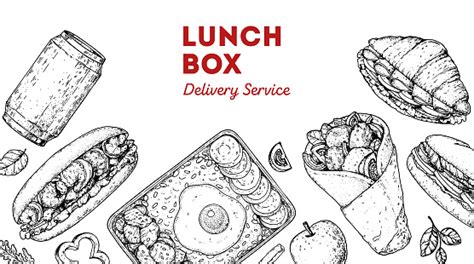 Lunch Box Frame Hand Drawn Vector Illustration Meal Box Sketch Top View Menu Design Elements