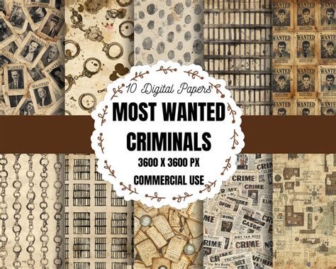 Most Wanted Criminals Digital Paper Vintage Mugshot Scrapbook Paper