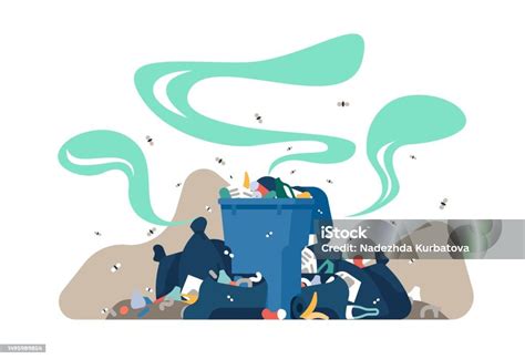 파리가 날아 다니는 쓰레기 더미 과부하 된 더러운 쓰레기통 거리에 쓰레기 더미 냄새 나는 쓰레기 수거통과 가방 분류되지 않은 쓰레기가 있는 도로 매립지 벡터 개념 쓰레기