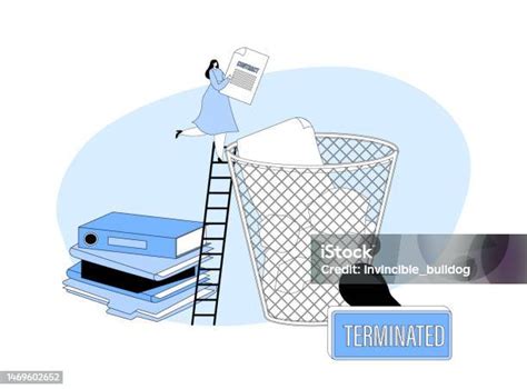 작은 여성 캐릭터가 있는 계약 종료 개념은 종이 시트가 있는 거대한 쓰레기통에 계약 문서를 던집니다 금전 등록기에 대한 스톡 벡터 아트 및 기타 이미지 Istock