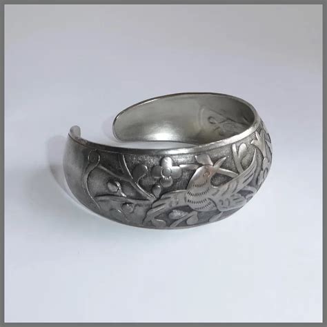 Ethnic Chinese Silver Plated Cuff Bracelet Birds And Flowers Ruby Lane