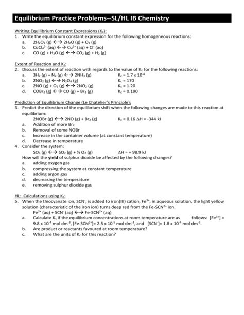 Equilibrium Chemistry Practice Problems Sl Hl Ib