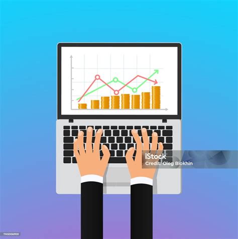주식 거래소 벡터 일러스트 레이 션 개념 노트북 화면 추상 주식 시장 성장과 실업가 손 그라데이션 배경에 고립 된 디자인 요소 거래자에 대한 스톡 벡터 아트 및 기타 이미지