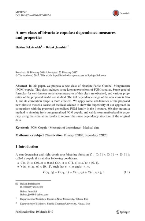 Pdf A New Class Of Bivariate Copulas Dependence Measures And Properties