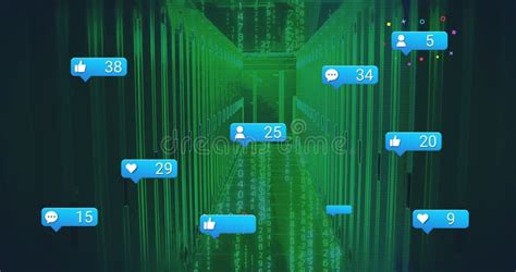 social media notifications animation over data center with binary code stock footage video of