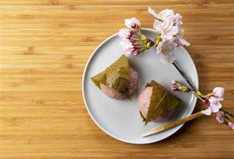Rice Cake With Bean Paste Wrapped In A Preserved Cherry Leaf Stock