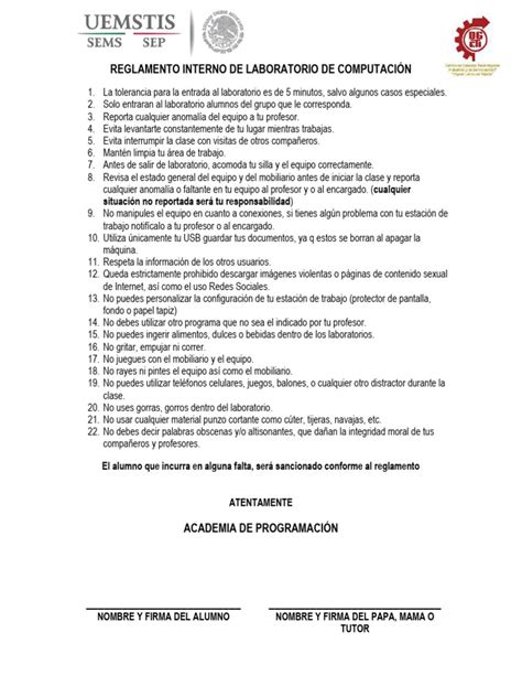 Reglamento Interno De Laboratorio De Computación Pdf