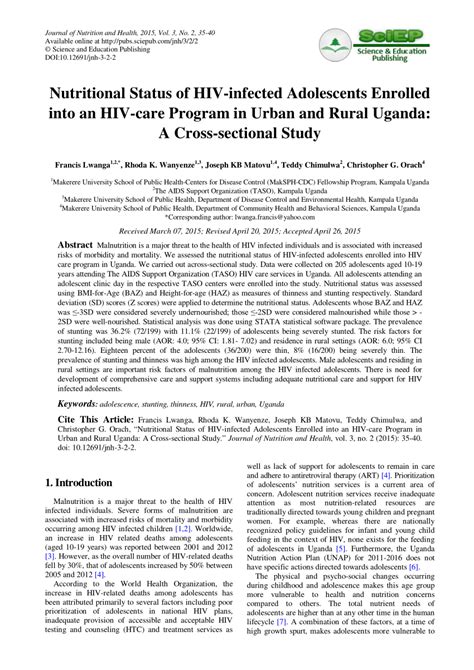 Pdf Nutritional Status Of Hiv Infected Adolescents Enrolled Into An