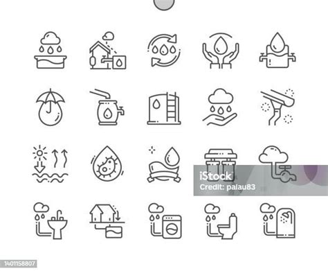 빗물 수확 하우스 에코 시스템 물 필터 증발 물을 절약하십시오 픽셀 완벽한 벡터 얇은 선 아이콘 간단한 최소 픽토그램 아이콘에