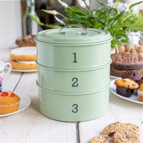 Living Nostalgia 3 Tier Metal Cake Storage Tin English Sage Green