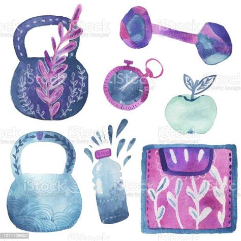 수채화 개체 집합입니다 흰색에 격리 된 손으로 그린 그림 피트니스 스포츠 건강 건강한 라이프 스타일 홈 운동 요가 연습 아령