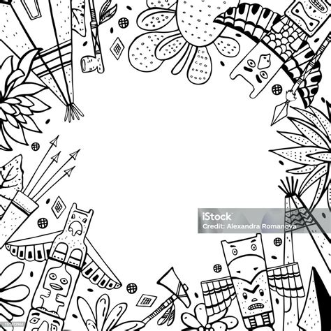 아메리카 원주민의 전통적인 개체로 프레임 위그웜 토템 극 선인장 무기 벡터 손으로 그린 윤곽선 스케치 일러스트 0명에 대한 스톡