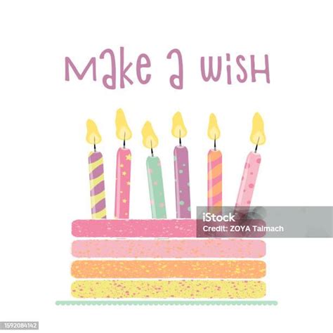 생일 케이크와 텍스트 레터링이 있는 벡터 그림은 소원을 빌어줍니다 생일 축하 엽서의 귀여운 유치한 디자인 컨셉 인쇄 자료 블로그